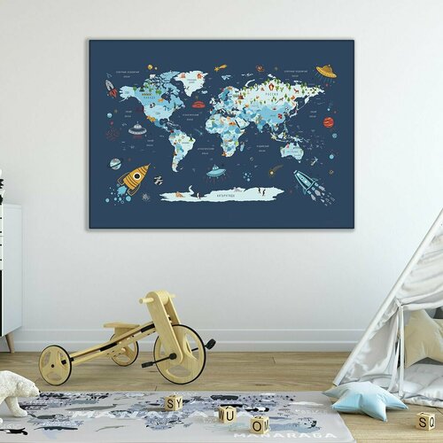 Детские иллюстрации на холсте (Карта мира в темно-синем оттенке) 22 32 см/ для интерьера/в детскую комнату/в подарок