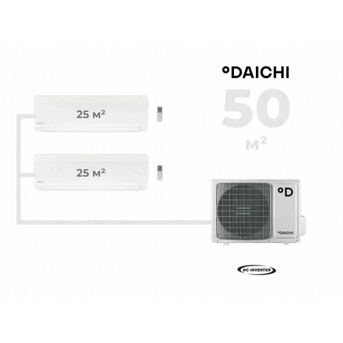 Инверторная мульти сплит-система Daichi на 2 комнаты (25 м2 + 25 м2) DF50A2MS1R + 2*ICE25AVQS1R-1, комплект, белый