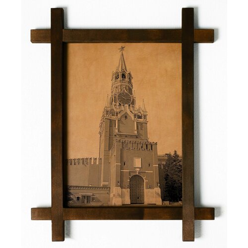Картина Спасская башня, Москва, гравировка на натуральной коже, интерьерная для украшения и декора на стену в деревянной раме, подарок, BoomGift