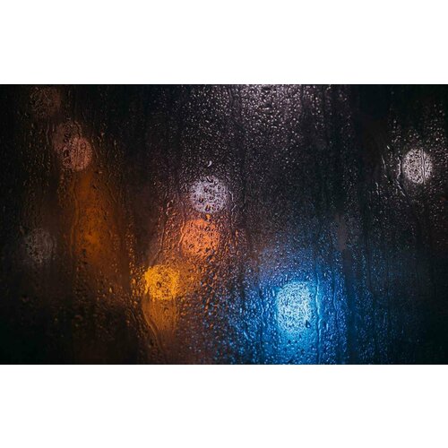 Картина на холсте 60x110 LinxOne "Дождь, капли, стекло, огни" интерьерная для дома / на стену / на кухню / с подрамником