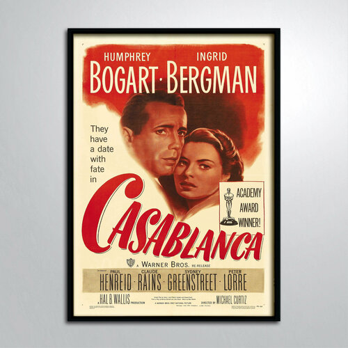 Постер в раме/Винтажный плакат/Касабланка (1942) Хамфри Богарт Ингрид Бергман Оскар Casablanca