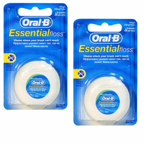 Oral-B Essential - вощеная нить для зубов, мятный вкус, 2 штуки, длина нити 50 метров