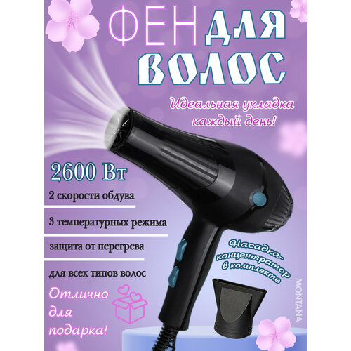 Профессиональный фен/фен для укладки волос /фен с насадкой /мощный фен/ 2600 вт/ фен/черный