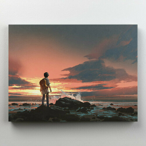 Интерьерная картина на холсте "Мальчик с гитарой за спиной у океана" размер 30x22 см