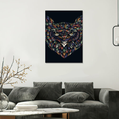 Интерьерная картина на холсте - Сова штрихи арт на чёрном фоне 20х30