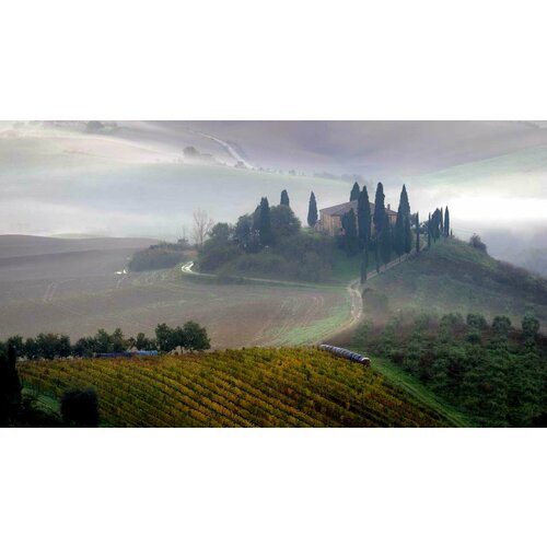 Картина на холсте 60x110 Альянс Лес "Туман пейзаж утро Тоскана поле" на подрамнике / интерьер/ декор