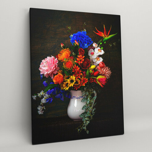 Картина на холсте (интерьерный постер) "Яркий букет цветов" живопись, с деревянным подрамником, размер 45x60 см