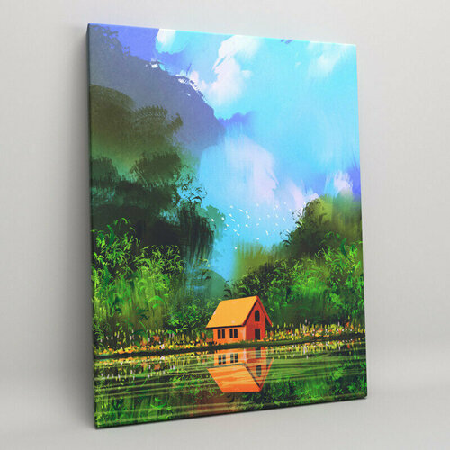 Картина на холсте (интерьерный постер) "Оранжевый дом на озере", с деревянным подрамником, размер 22x30 см