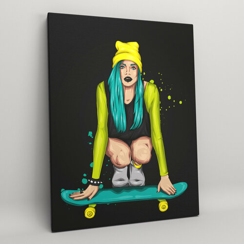 Картина на холсте (интерьерный постер) "Девушка скейтер №2" поп - арт, с деревянным подрамником, размер 30x40 см