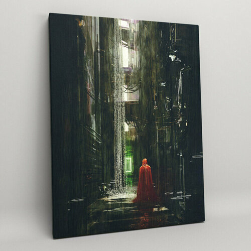 Картина на холсте (интерьерный постер) "Человек в красном идущий к зеленой двери", с деревянным подрамником, размер 45x60 см