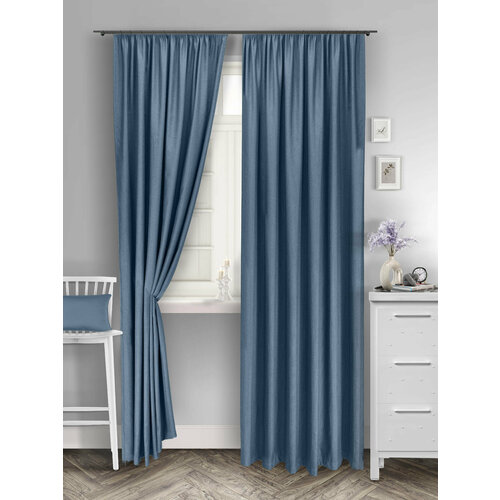 Комплект штор для комнаты блэкаут рогожка на ленте 60 мм, две портьеры общей шириной 400 см и высотой 250 см, голубой цвет
