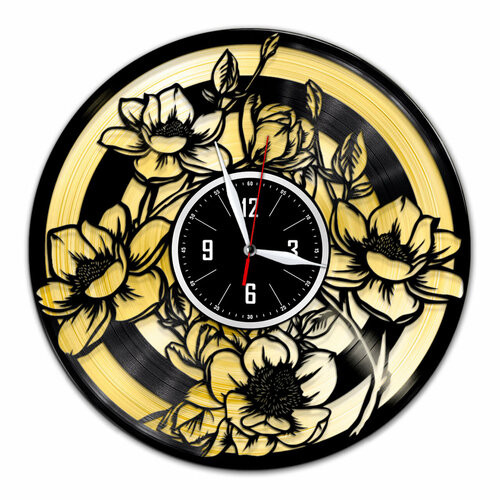 Цветы - настенные часы из виниловой пластинки (с золотой подложкой)