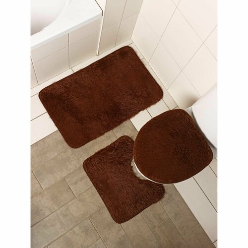 Набор ковриков для ванной и туалета Доляна Пушистик, 3 шт: 32x40, 40x50, 50x80 см, цвет коричневый