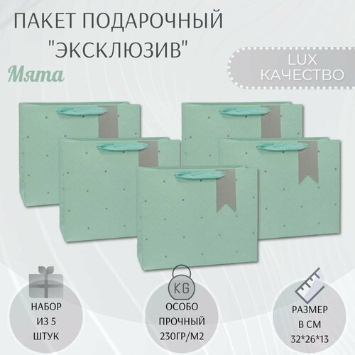 Набор бумажных подарочных пакетов с ручками 32х26х13 см. "Эксклюзив - Мята" 5 шт.