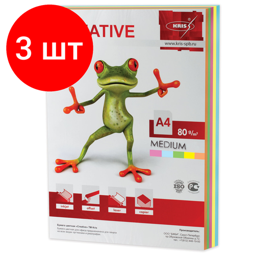 Комплект 3 шт, Бумага цветная CREATIVE color, А4, 80 г/м2, 250 л, (5 цветов х 50 л.), микс медиум, БОpr-250r