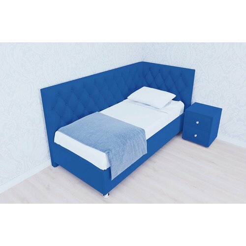 Односпальная кровать Версаль Угловая 90x200 основание металлическое с ламелями велюр синий ножки 13 см хром угол левый