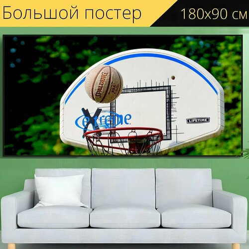 Большой постер "Баскетбол, виды спорта, мяч" 180 x 90 см. для интерьера