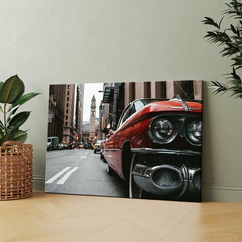 Картина на холсте (Автомобиль в городе, ретро авто, вертикальные фары) 60x80 см. Интерьерная, на стену.