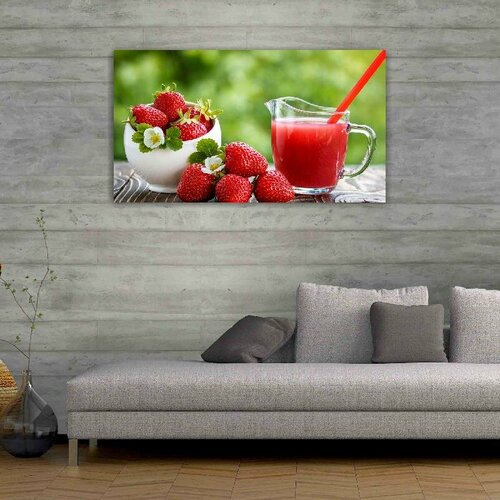 Картина на холсте 60x110 LinxOne "Доски ягоды клубника сок чашка" интерьерная для дома / на стену / на кухню / с подрамником
