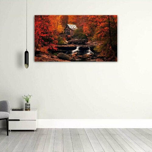 Картина на холсте 60x110 LinxOne "Водяная мельница водопад камни" интерьерная для дома / на стену / на кухню / с подрамником