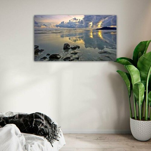 Картина на холсте 60x110 LinxOne "Небо камни отлив тучи море" интерьерная для дома / на стену / на кухню / с подрамником