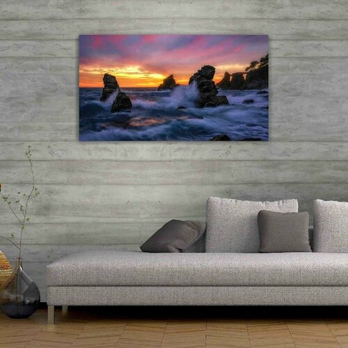 Картина на холсте 60x110 LinxOne "Скалы волны costa brava" интерьерная для дома / на стену / на кухню / с подрамником