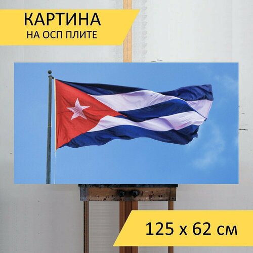 Картина на ОСП 125х62 см. "Куба, флаг, кубинец" горизонтальная, для интерьера, с креплениями
