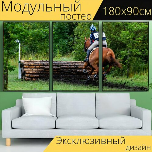 Модульный постер "Лошадь прыгает, беговые прыжки, лошадь" 180 x 90 см. для интерьера