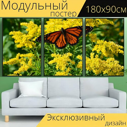 Модульный постер "Монарх, бабочка, золотой жезл" 180 x 90 см. для интерьера