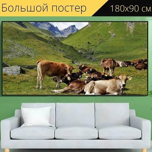 Большой постер "Альпы, крупный рогатый скот, животные" 180 x 90 см. для интерьера