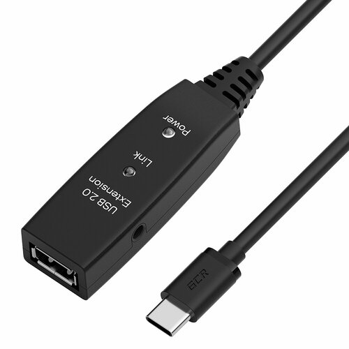 Активный удлинитель USB 2.0 Type-C / AF кабель с усилителем сигнала + разъём для доп. питания LED-индикаторы (GCR-A101) черный 7.5м