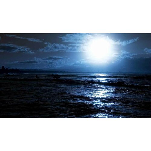 Картина на холсте 110x60 LinxOne "Луна море отражение доски ночь" интерьерная для дома / на стену / на кухню / с подрамником