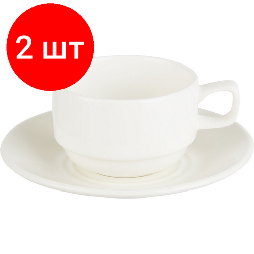 Комплект 2 штук, Чайная пара , Wilmax белая, фарфор, чашка 220 мл, блюдце d-14 см. WL-993008