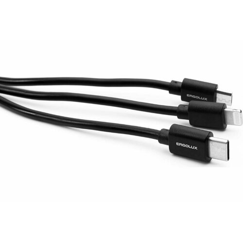 Кабель 3в1- micro usb-lightning-type c Ergolux Elx-cdc05-c02 3а, 1,2м, черный, зарядка, коробка 15099