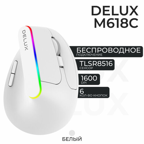 Игровая мышь, Мышь беспроводная DELUX M618C вертикальная, от батареи АА, белый