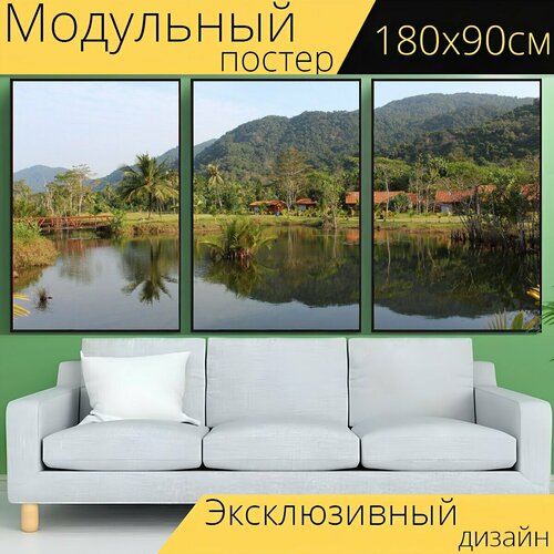 Модульный постер "Озеро, тропический лес, пальмы" 180 x 90 см. для интерьера