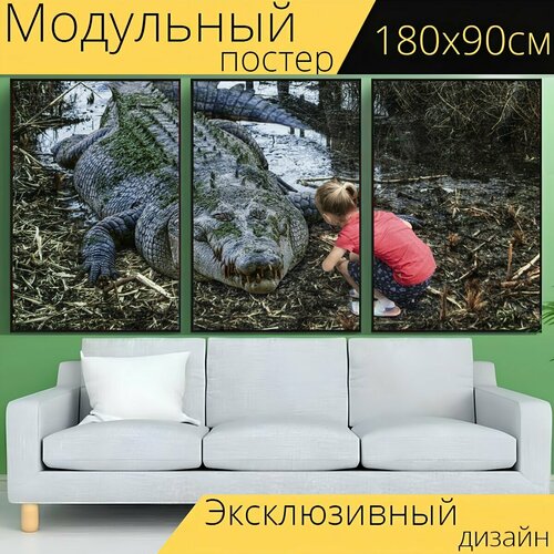 Модульный постер "Девочка, ребенок, крокодил" 180 x 90 см. для интерьера