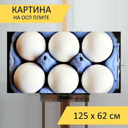 Картина на ОСП 125х62 см. "Яйца, коробка для яиц, белые яйца" горизонтальная, для интерьера, с креплениями