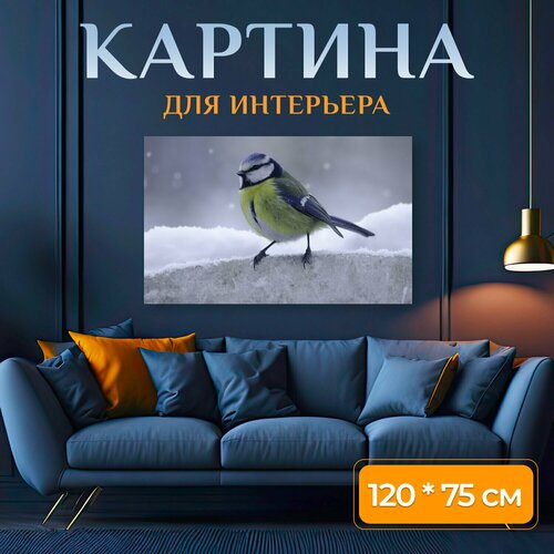Картина на холсте "Лазоревка, зима, птица" на подрамнике 120х75 см. для интерьера