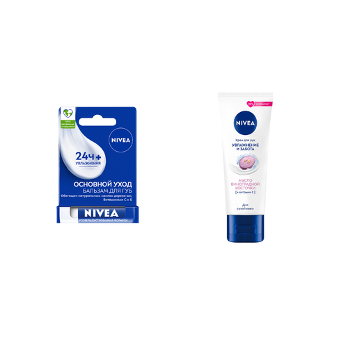 Набор Nivea: крем для рук Увлажнение и забота, бальзам для губ Базовый уход