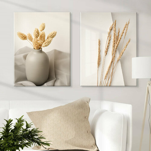 Картины на холсте 50х70 см "Сухоцвет в вазе и пшеница в современном стиле", набор картин для интерьера на стену, 2 шт на подрамнике