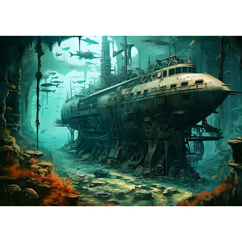 Постер - "Подводный пейзаж затонувших кораблей в стиле футуризма"на фотобумаге / А4 / в тубусе без рамы