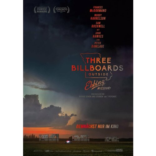 Плакат, постер на холсте Три билборда на границе Эббинга, Миссури (Three Billboards Outside Ebbing, Missouri, 2017г). Размер 21 х 30 см