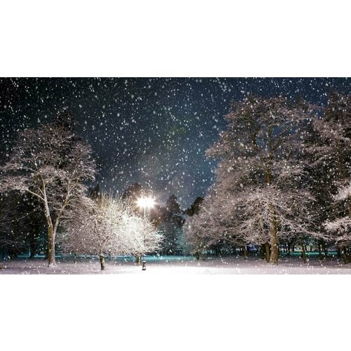 Картина на холсте 60x110 Альянс Лес "Зима деревья фонарь парк снег" на подрамнике / интерьер/ декор