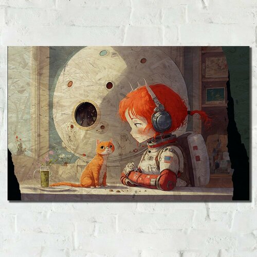 Картина интерьерная на рельефной доске ОСП космическая девочка и котик - 1705