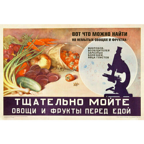 Плакат, постер на бумаге СССР/ Тщательно мойте овощи и фрукты перед едой. Размер 21 х 30 см