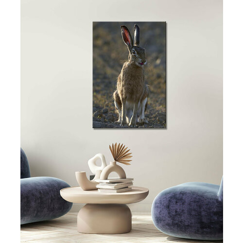 Картина - Заяц, зайцы, зайчонок, зайка, ушастый заяц, пушистый заяц, заяц в лесу, шустрый заяц (27) 50х70