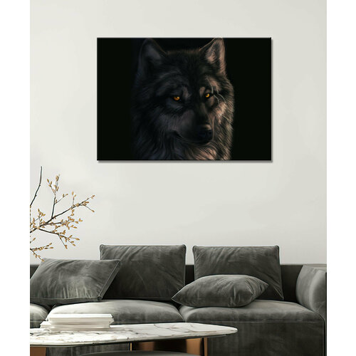Картина - волк, чёрный волк, старый волк, волк арт, волк со шрамом 50х70