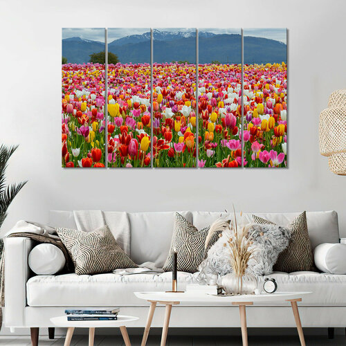 Модульная картина/Модульная картина на холсте/Модульная картина в подарок/ Поле с разноцветными тюльпанами - Field with colorful tulips 150х100
