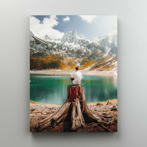Интерьерная картина на холсте "Путешественник у берега бирюзового озера" размер 45x60 см